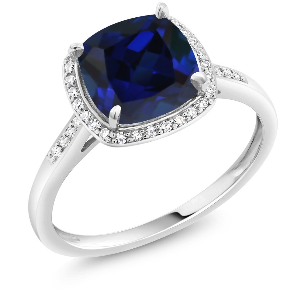 Gem Stone King 10K White Gold Blue Created Sapphire and Accent Diamond Engagement Ring For Women (2.50 Cttw, Cushion 8MM, Available In Size 5, 6, 7, 8, 9)