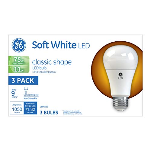 GE Lighting 99193 Soft General Purpose Classic Shape A19 Daylight LED 11 (75-Watt Replacement), 1050-Lumen Medium Base, 3 Count (Pack of 1), Frosted White, 3