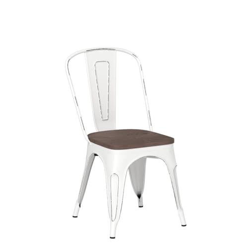 Furniwell Metal Dining Chairs with Wood Seat, Indoor Outdoor Use Stackable Tolix Industrial Metal Chairs Set of 4 for Kitchen, Dining Room, Bistro and Cafe (White)