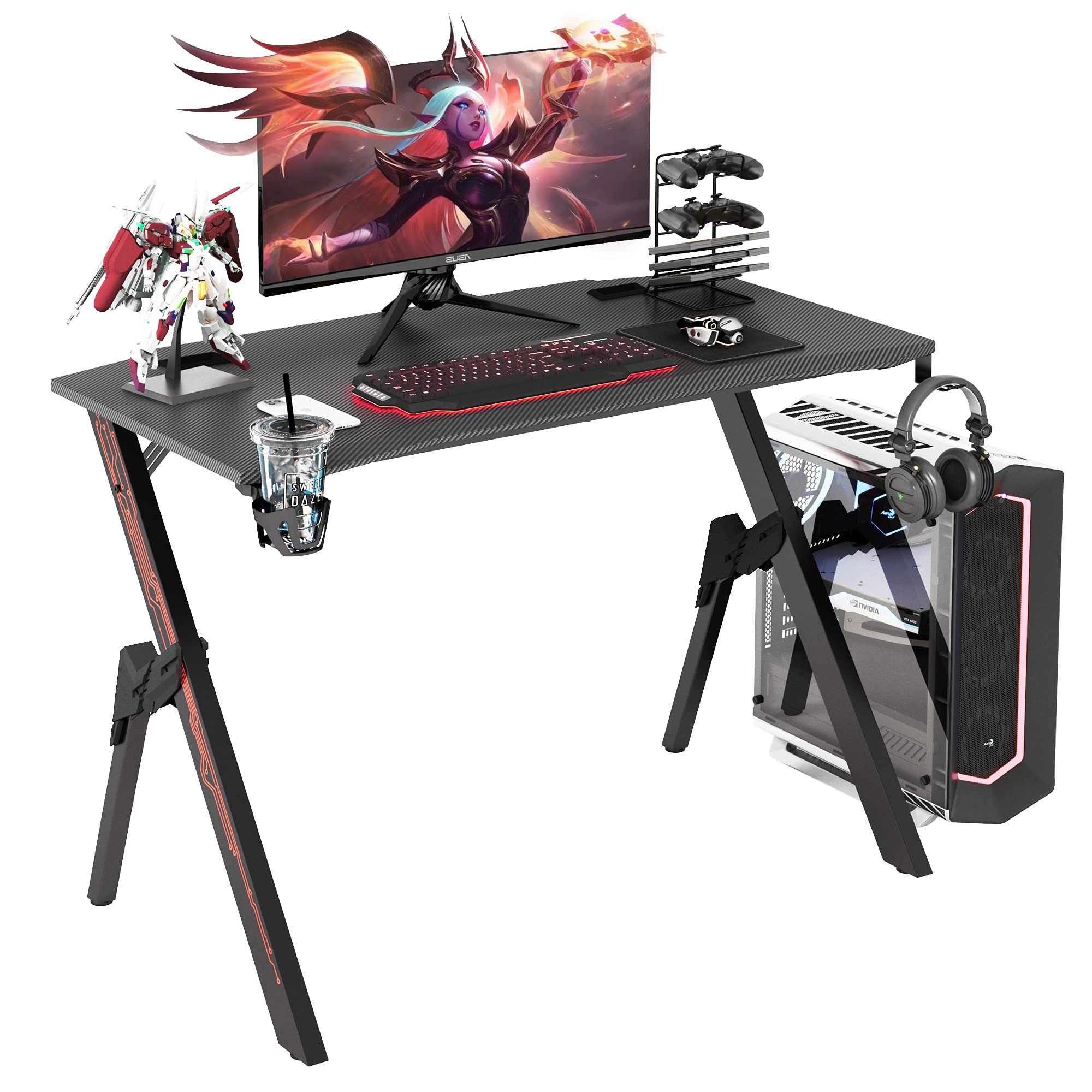 GALAXHERO 43.3β Pro Gaming Desk, Gamer Computer Desk with Headphone Hook and Cup Holder, Home Office PC Workstation for E-Sports Use, Free XL Mouse Pad, Black&Red, GX-A