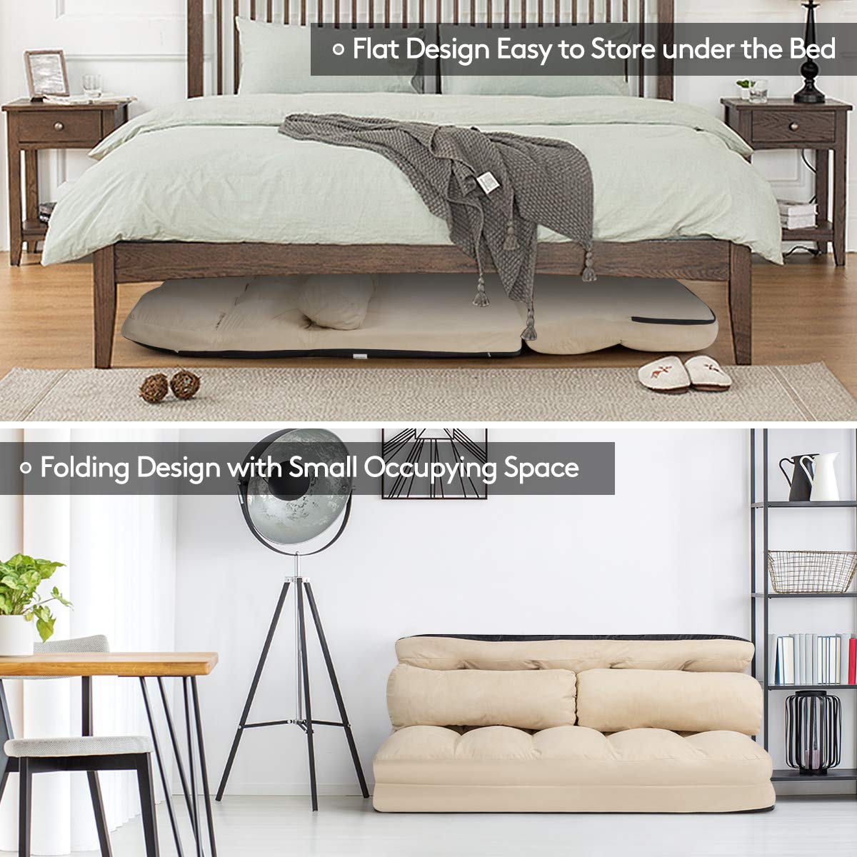 Giantex Adjustable Floor Sofa, Foldable Lazy Sofa Sleeper Bed 6-Position Adjustable, Suede Cloth Cover, Floor Gaming Sofa Couch with 2 Pillows for Bedroom/Living Room/Balcony (Beige)