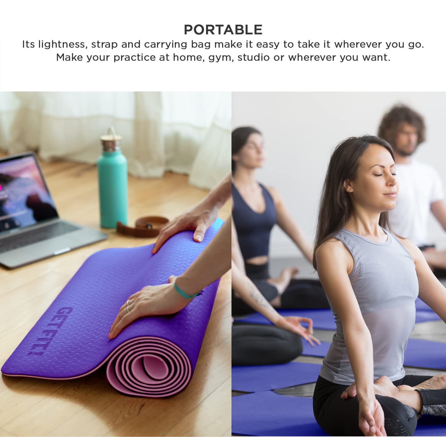GET FIT! Eco Friendly TPE Yoga Mat Non-Slip surface 6mm thick with Carrying Strap. Lightweight easy to roll and carry. (Violet + Violet)