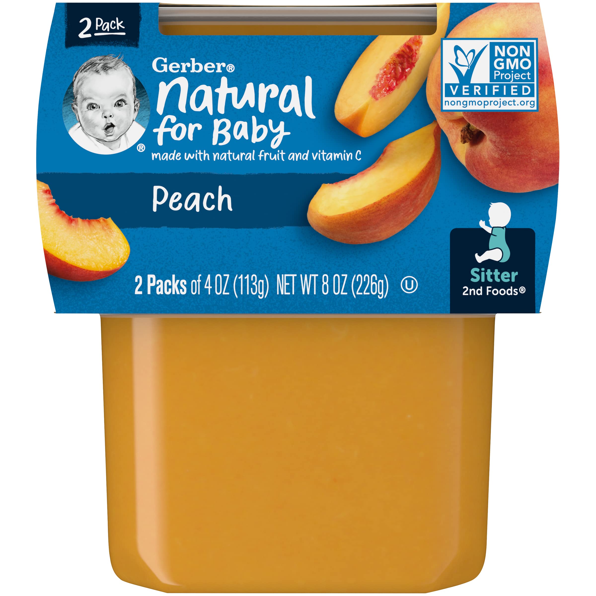 Gerber 2nd Food Baby Food Peach Puree, Natural & Non-GMO, 4 Ounce Tubs, 2-Pack