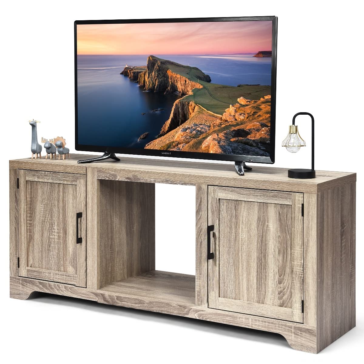 GRAFFY 65" Fireplace TV Stand, Wooden Television Console w/2 Storage Cabinets & Open Shelves, Modern Farmhouse Storage Cabinet Console with Doors, for 18"x 17" Electric Fireplace(not Included)