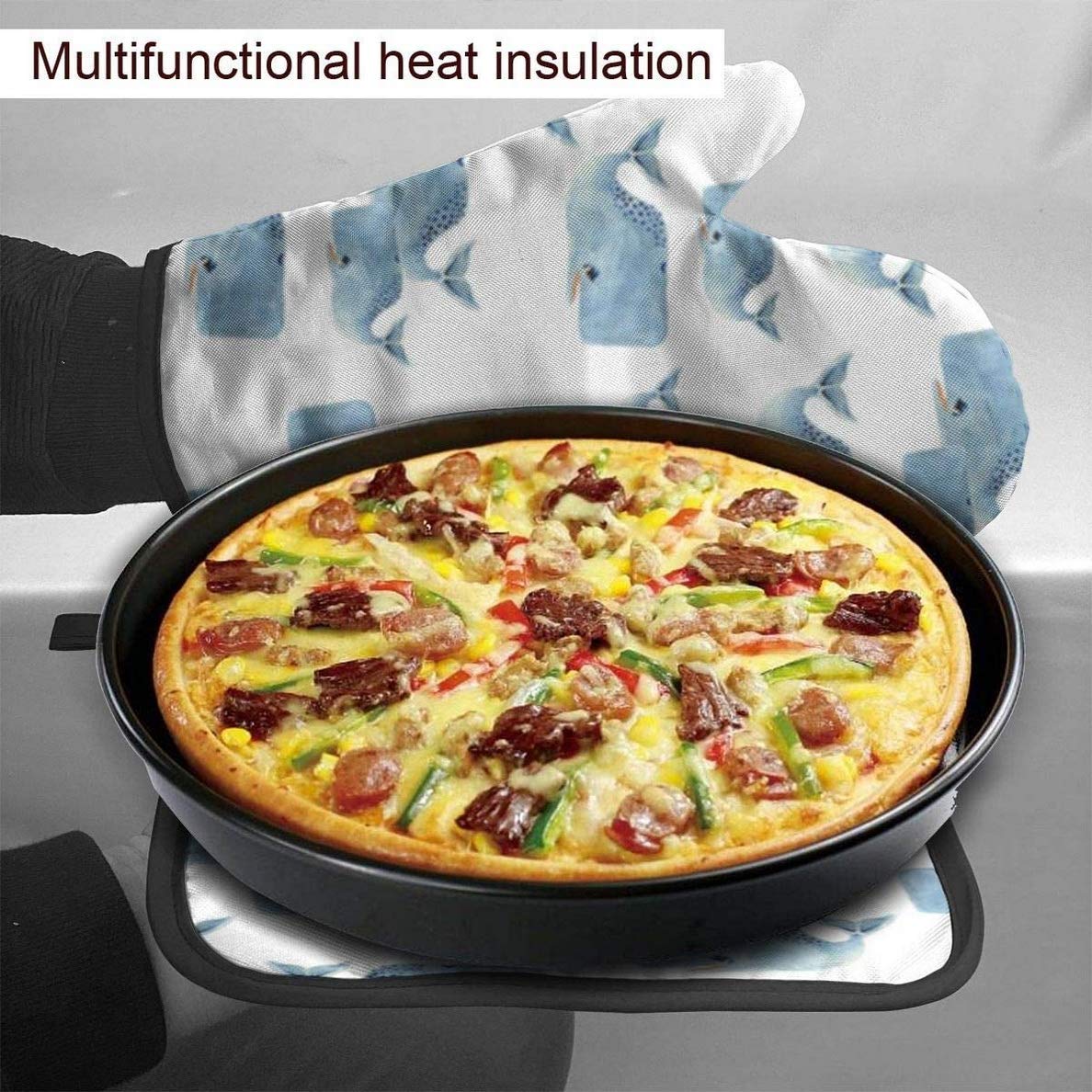 HENGE Whale Pod in Blue Oven Mitts and Pot Holders Sets of 2,Resistant Hot Pads,Flexible Cooking Oven Gloves for Microwave BBQ Cooking Baking Grilling