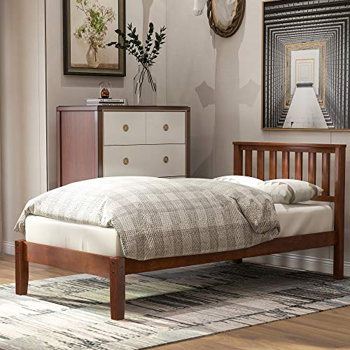 GINGVAT Twin Platform Bed with Headboard/Wood Slat Support Frniture (Walnut)