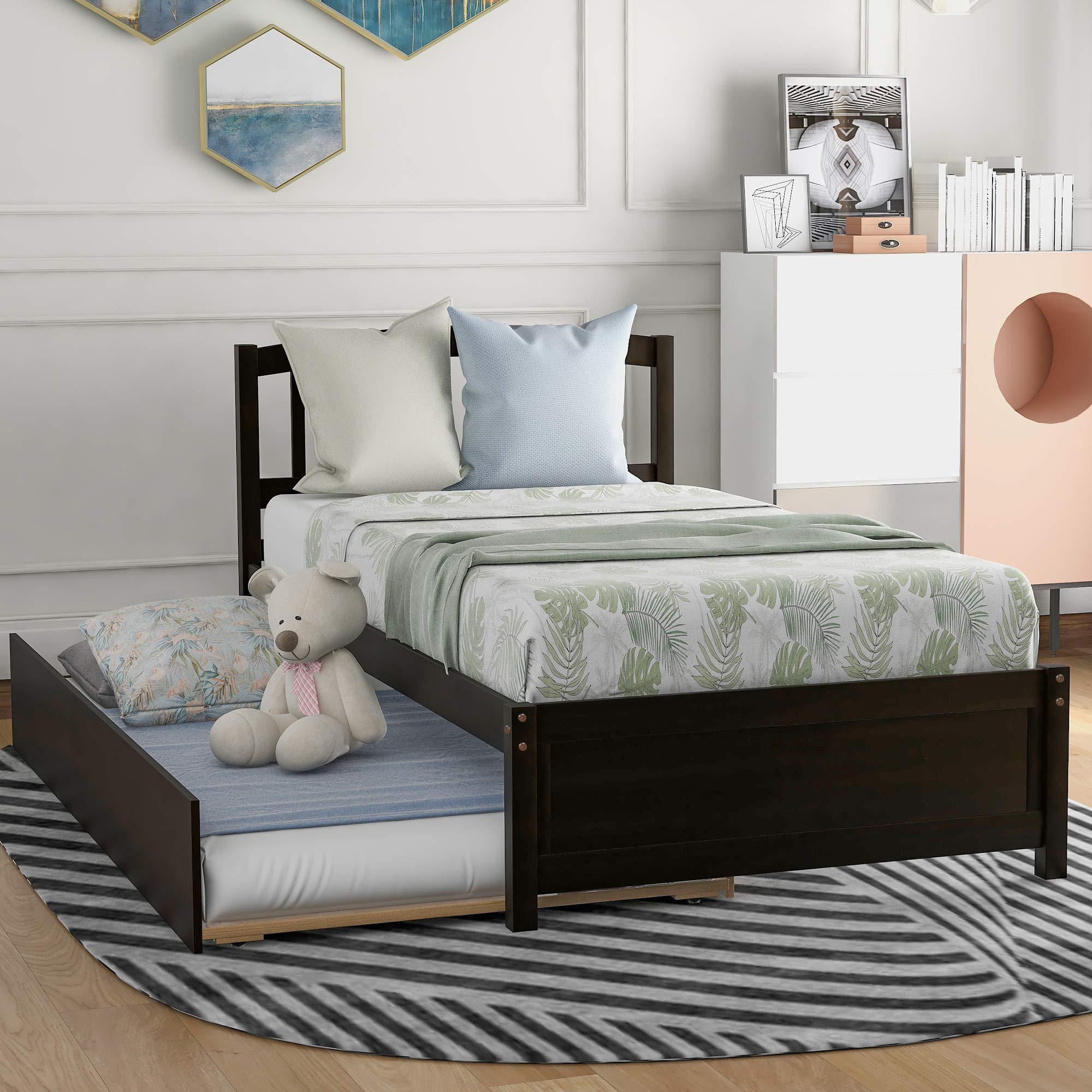 GINGVAT Twin size Platform Bed with Trundle, Wooden Bedframe Frniture, Espresso