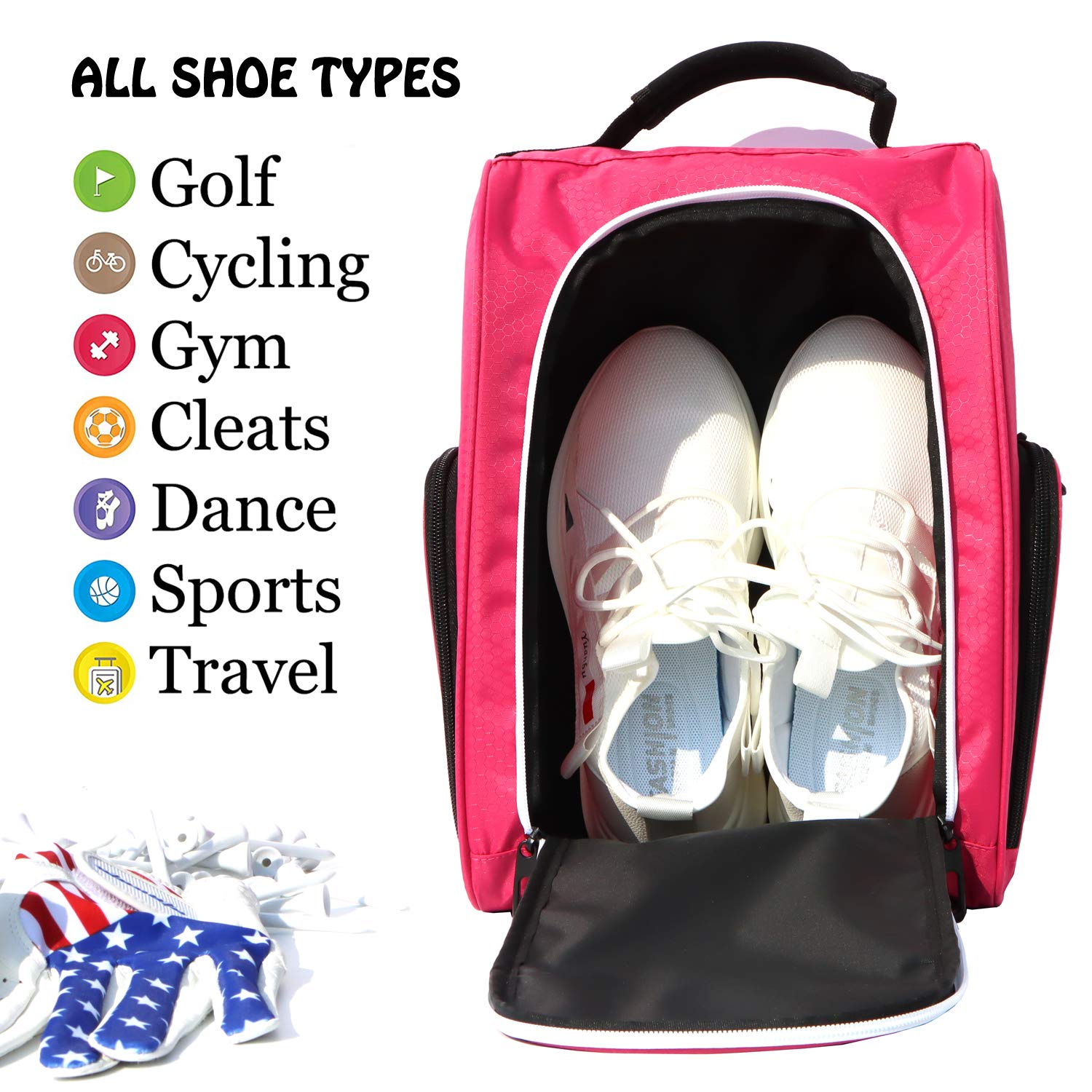 Golf Shoe Bag for Women,Zippered Golf Shoe Carrier Bag with Ventilation and 3 External Pockets for Golf Balls, Golf Glove, Tees and Other Golf Accessories(Red)