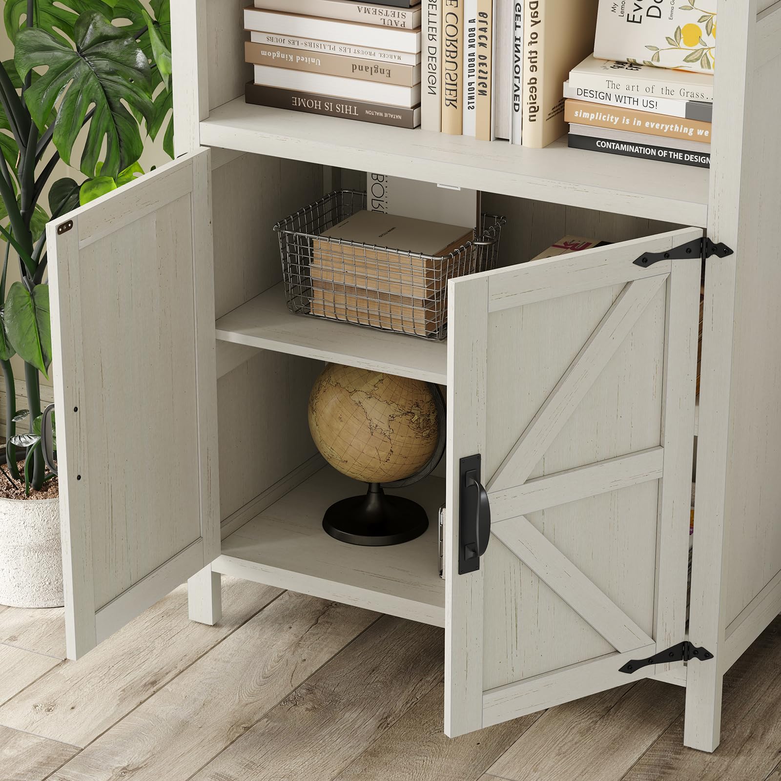 furomate Farmhouse Bookcase and Bookshelf with Doors, 5-Shelf Bookcase Adjustable Bookshelf, Wood Bookcase Tall Storage Cabinet for Bedroom, Living Room, Kitchen, White