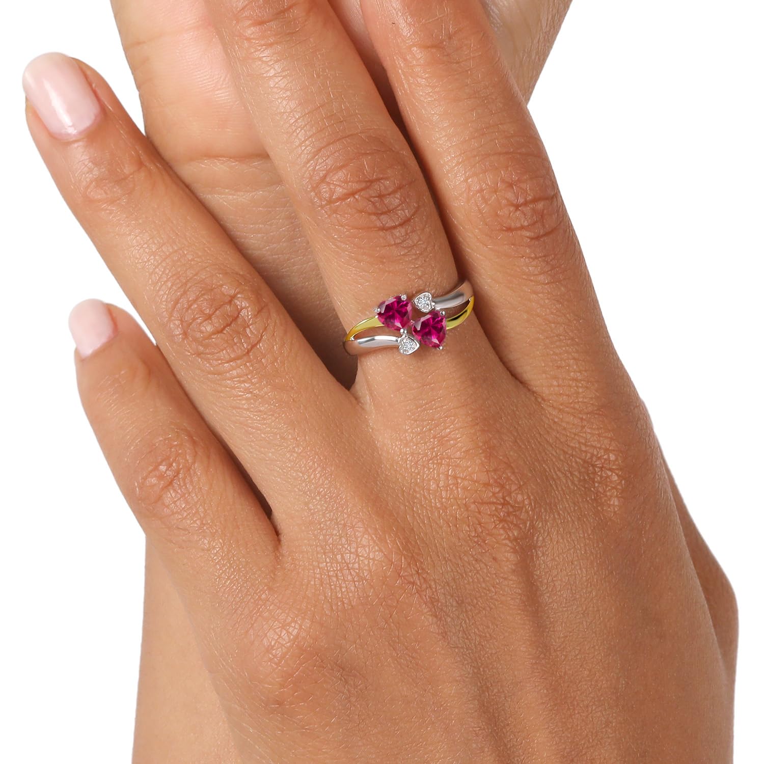 Gem Stone King 925 Silver and 10K Yellow Gold Red Created Ruby and White Lab Grown Diamond Ring For Women (1.22 Cttw, July Birthstone, Heart Shape 5MM, Size 8)