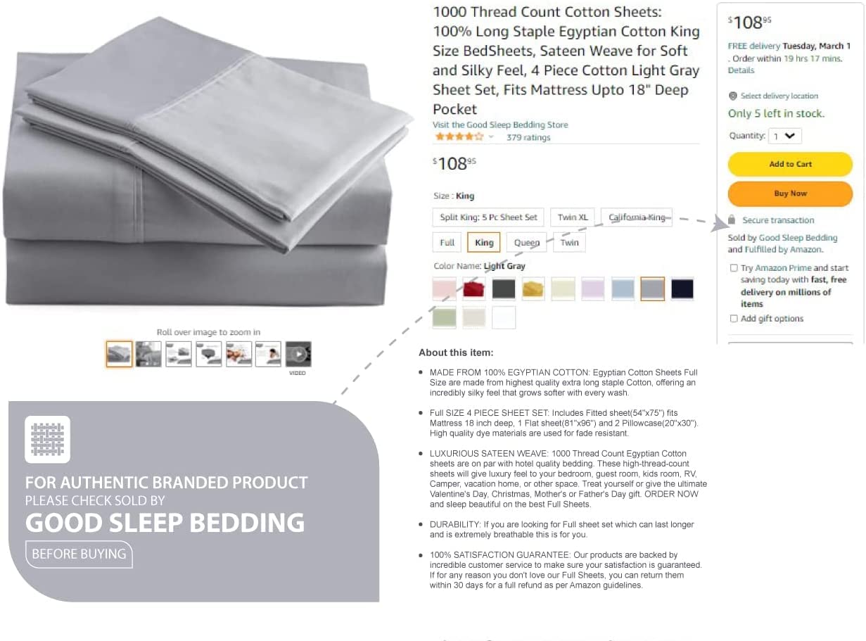 GoodSleep Company Light Gray Sheets Split-King Size - 1000 Thread Count 100 Percent Egyptian Cotton, Sateen Weave Breathable 5 Piece Set, Elasticized Deep Pocket Fits Low Profile Foam and Tall Split King: 5 Pc Sheet Set