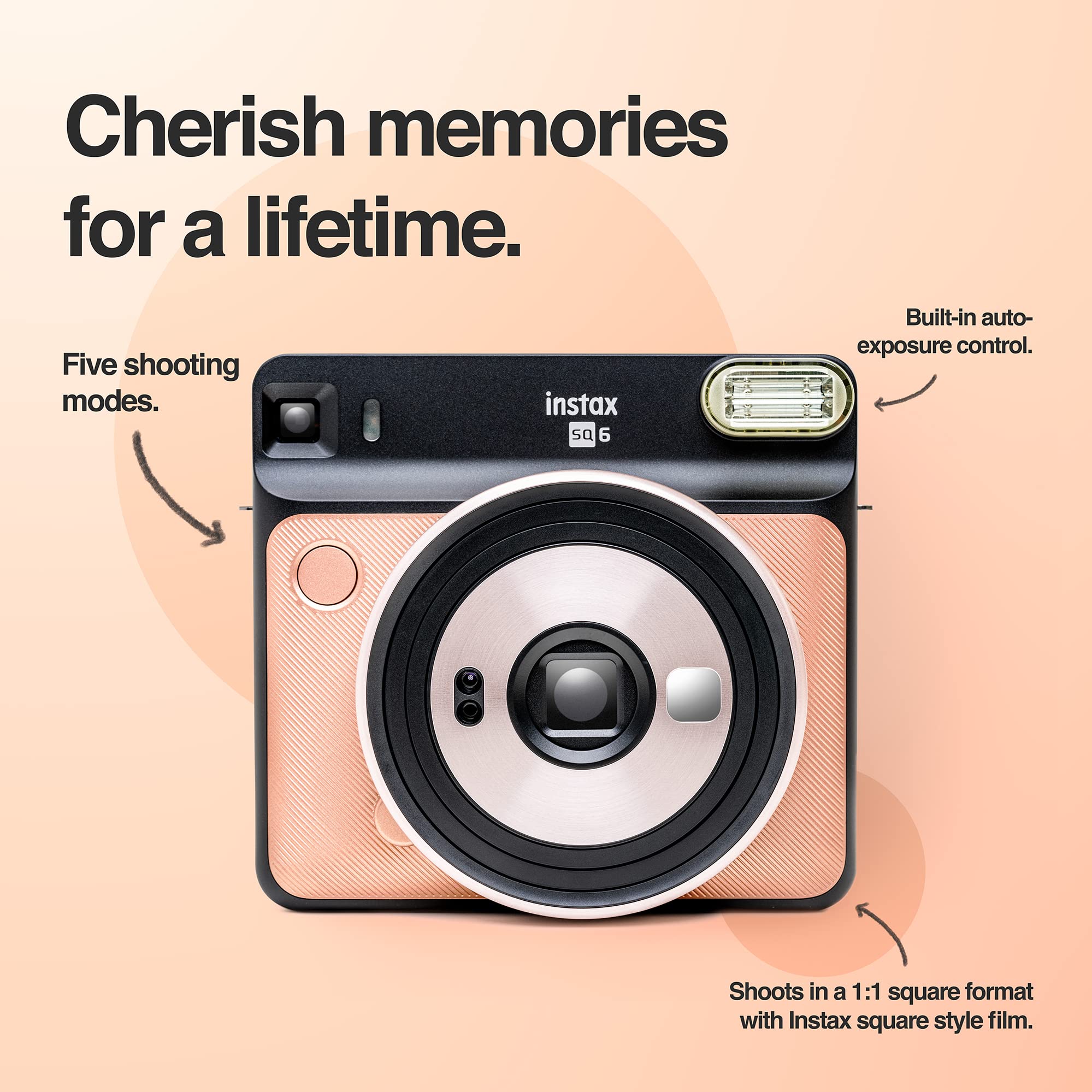 Fujifilm Instax Square SQ6 + Fujifilm Instax Square Instant Film (20 Sheets) Bundle with Deals Number One Cleaning Cloth (Blush Gold)