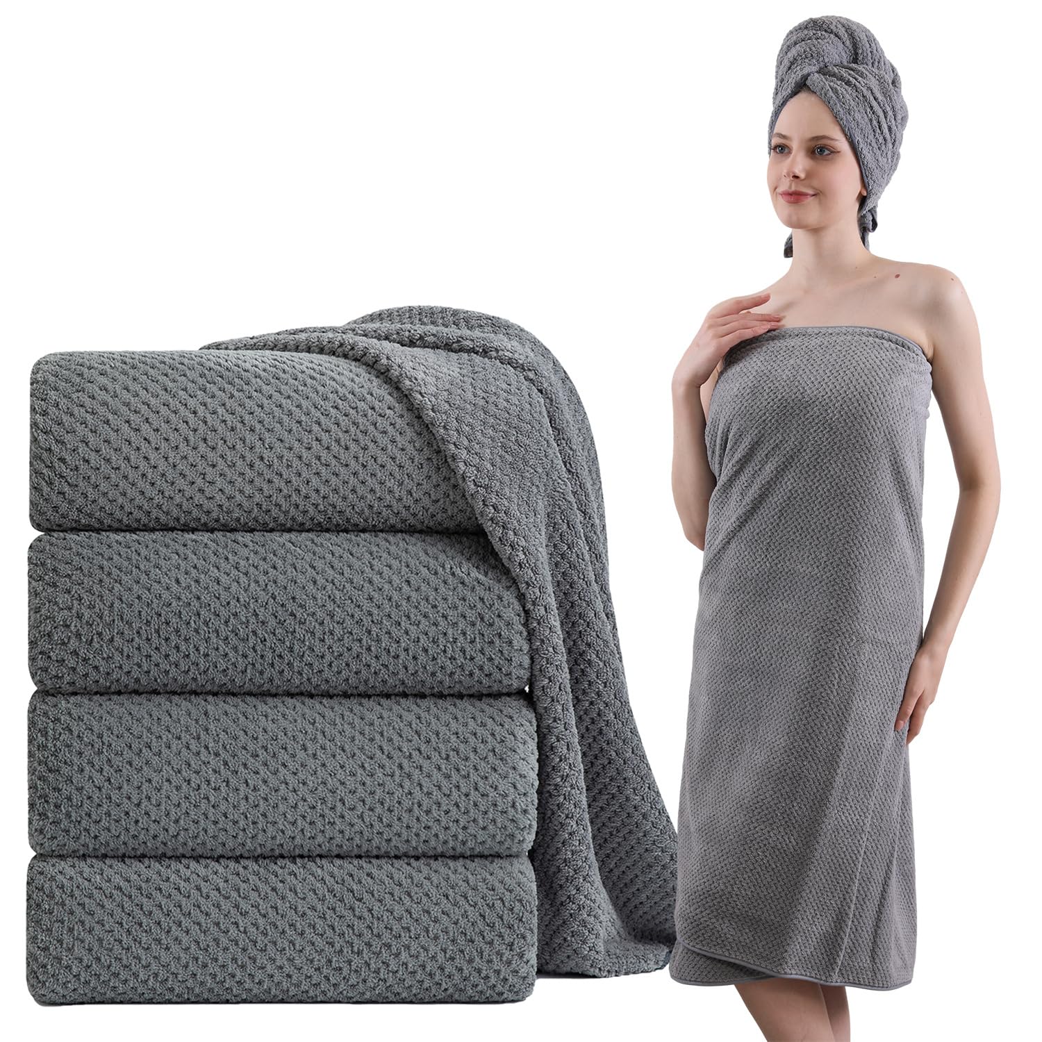 Gray Bath Towels Set,4 Oversized Large Bath Towels Sheet,4 Anti Frizz Hair Towel Wrap-600 GSM Oversized Bath Sheet,Extra Large Microfiber - Quick Dry,Highly Absorbent,Super Soft Bathroom Towel Set