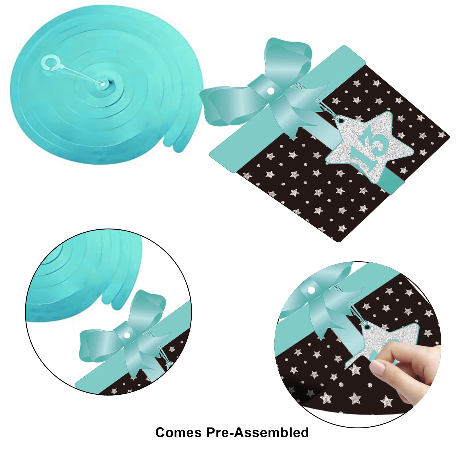 Happy 13th Birthday Party Hanging Swirls Streams Ceiling Decorations, Celebration 13 Foil Hanging Swirls with Cutouts for 13 Years Teal Silver Black Blue Birthday Party Decorations Supplies