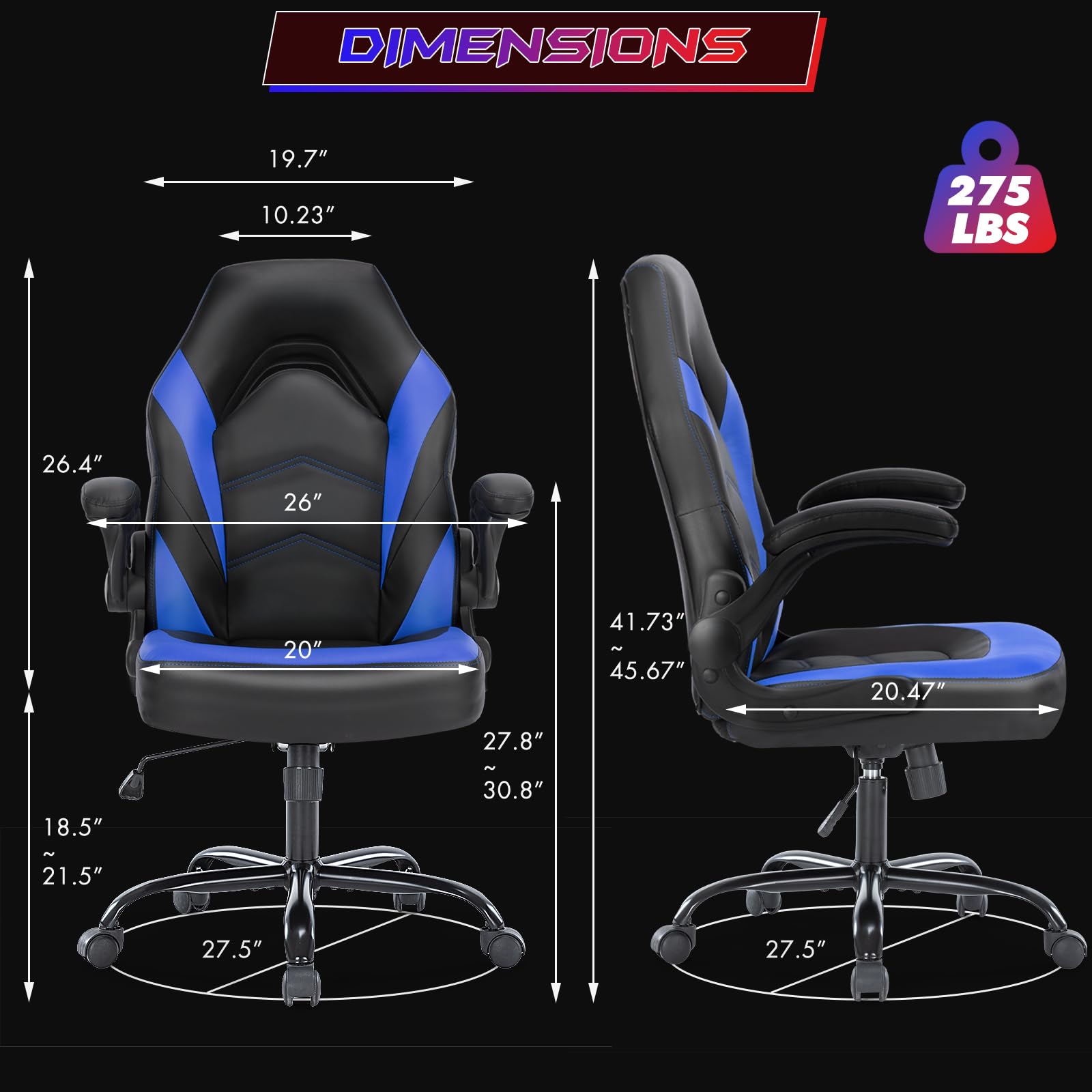 Gaming Chair, Ergonomic Office Chair High Back Computer Chair with PU Leather and Flip-up Armrest, Executive Ergonomic Adjustable Swivel Task Chair - Blue