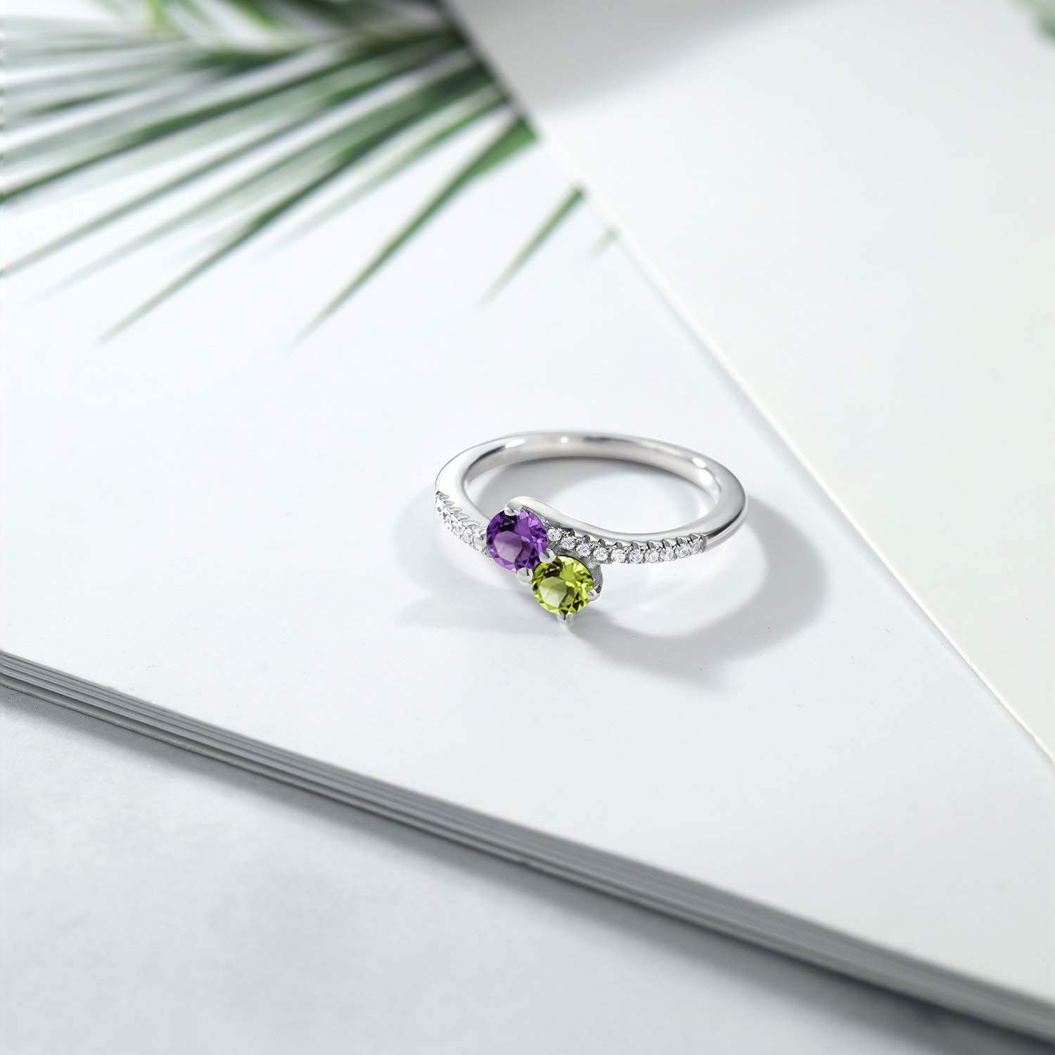 Gem Stone King 925 Sterling Silver Purple Amethyst and Green Peridot Bypass Ring For Women (0.79 Cttw, Gemstone February Birthstone, Round 4MM, Available In Size 5, 6, 7, 8, 9)
