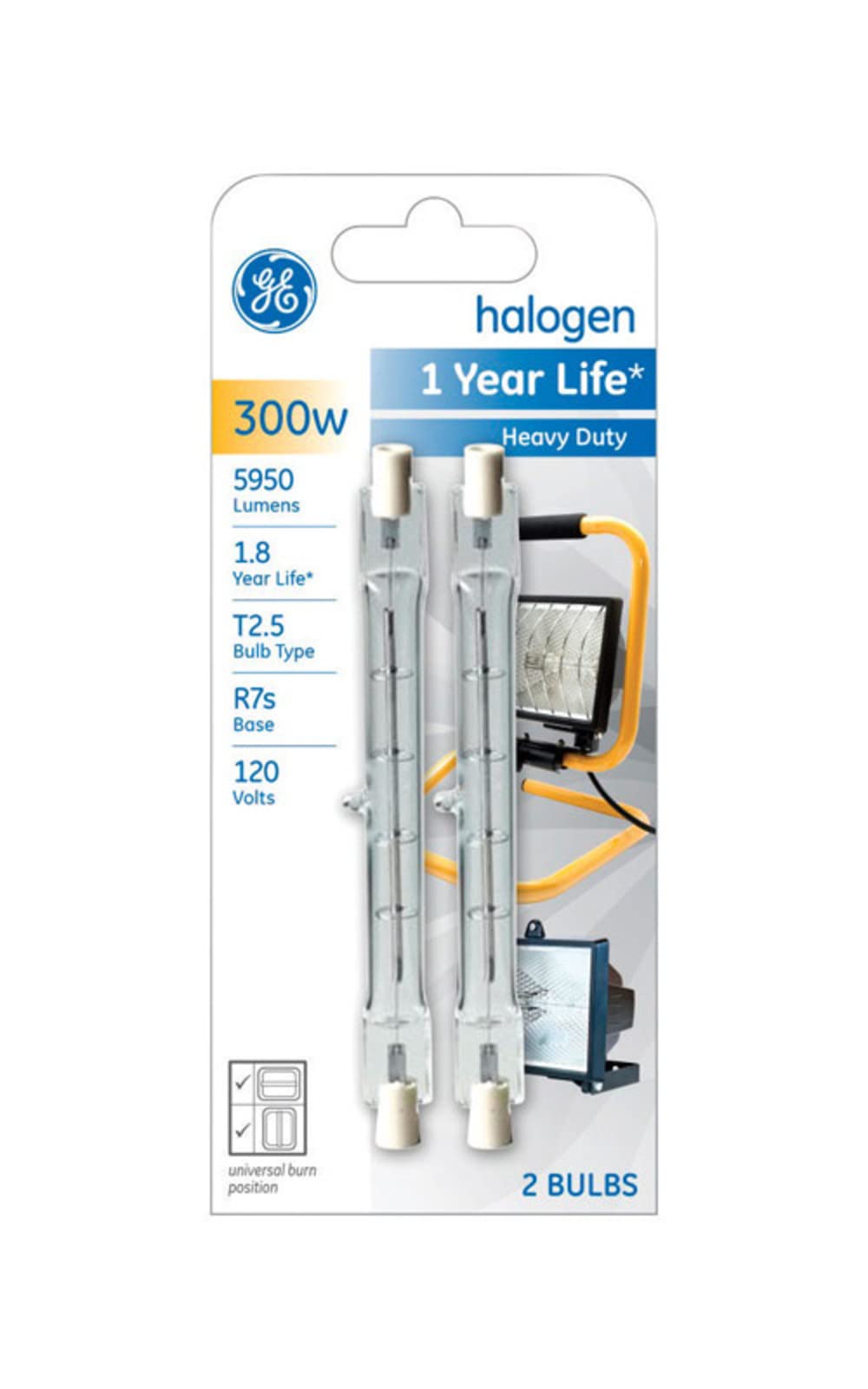 GE 300 watts T2.5 Halogen Bulb 5,950 lumens Warm White Tubular 2 pk