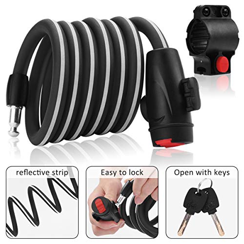Homoto Bicycle Lock with Key, Cable Locks with Key, Chain Lock Bicycle 1.2 cm Diameter, with Waterproof Keyhole Lid, Support and Reflective Strips, 180 cm
