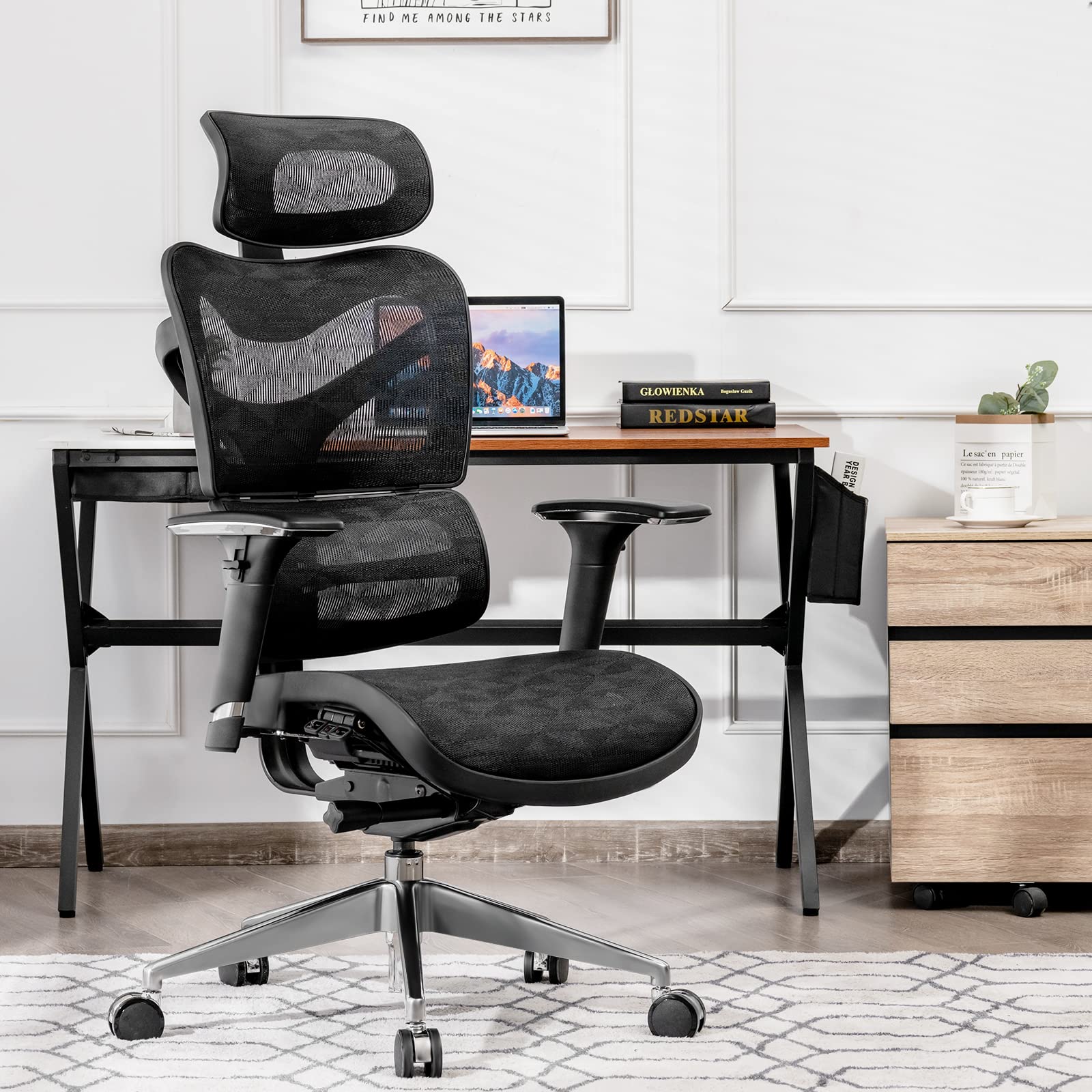 Giantex Ergonomic Office Chair, High Back Computer Chair w/Lumbar Support & 3D Armrests, Rolling Swivel Chair w/Adjustable Headrest & Tilt Function, Mesh Desk Chair for Home Office Executive Gaming