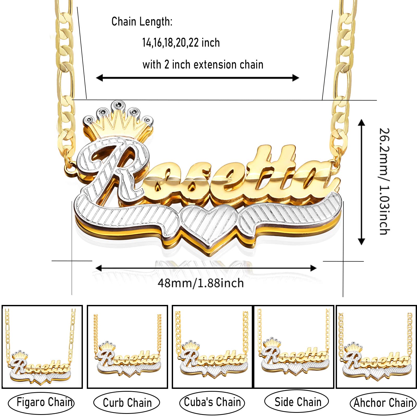 Gemiac Name Necklace Personalized 18k Gold Plated Crown Custom Nameplate Necklace for Women as a Gift (Gold and Silver 11)
