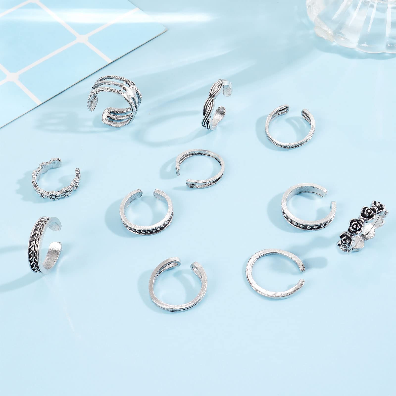 Harry and Henry 12Pcs Silver Toe Rings for Women Open Toe Rings Set Adjustable Barefoot Foot Jewelry for Summer Beach