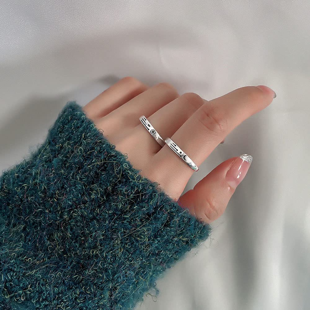 GulCean Sun Moon Rings For Best Friends Couples Adjustable Meteor Design Matching Friendship Rings For Bff Him And Her Set 2pcs Xmas Gift (Silver 3)