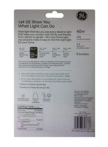 GE 40 Watt Candelabra Light Bulbs E12 Base B11 Candle Shape Crystal Clear Glass 40w Blunt Tip For Chandelier Sconce Foyer - 6 Pack