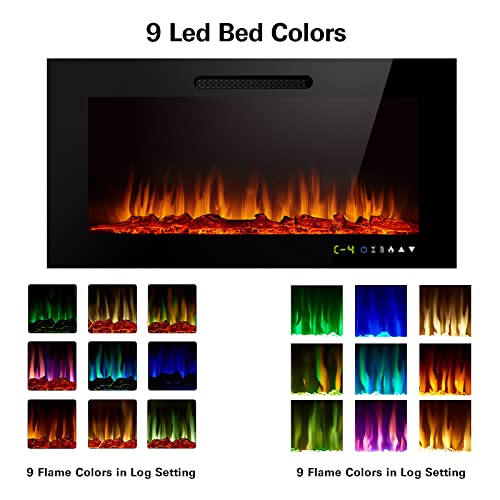 Hykolity 36 inch Electric Fireplace Inserts, 750/1500W Recessed and Wall Mounted Electric Fireplace, Electric Wall Fireplace Heater with Remote Timer, Touch Screen, Log/Crystal Hearth Options