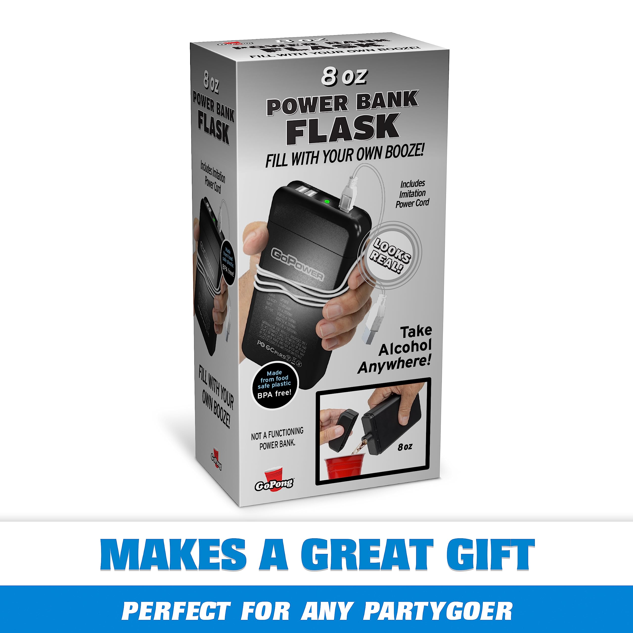 GoPong Power Bank Flask - 8 oz Hidden Alcohol Container - Includes Funnel and Liquor Bottle Pour Spout