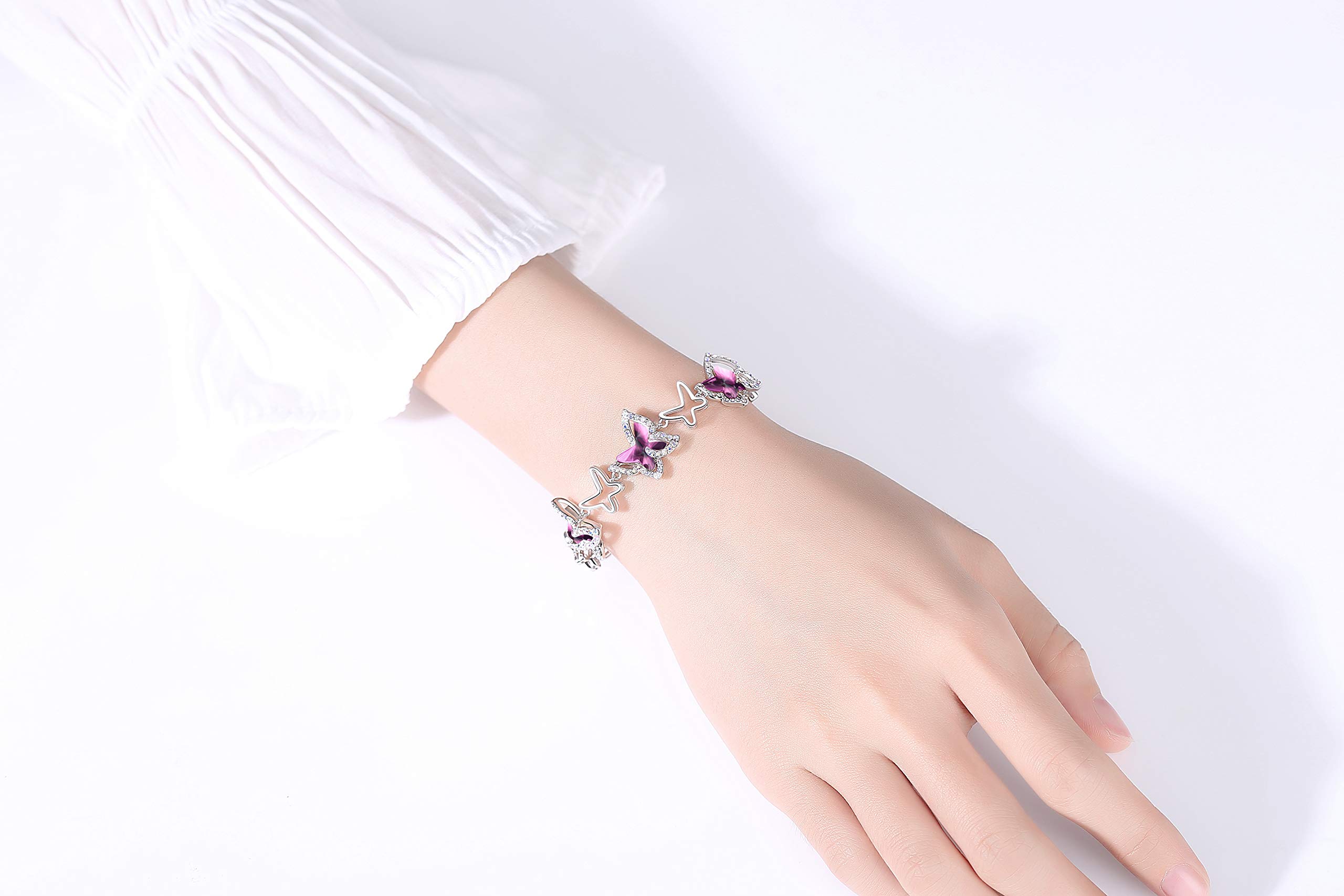 GEMMANCE Butterfly Link Charm Bracelet with Amethyst Pink Birthstone Crystal for February, Silver-Tone, 18”+2”Chain