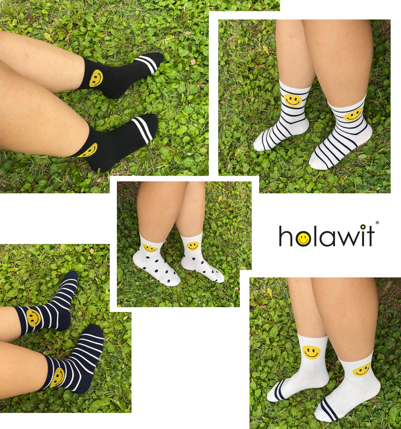 holawit Happy Face Fun Design Positive Smile Black & White Variety Crew Socks 5P Set