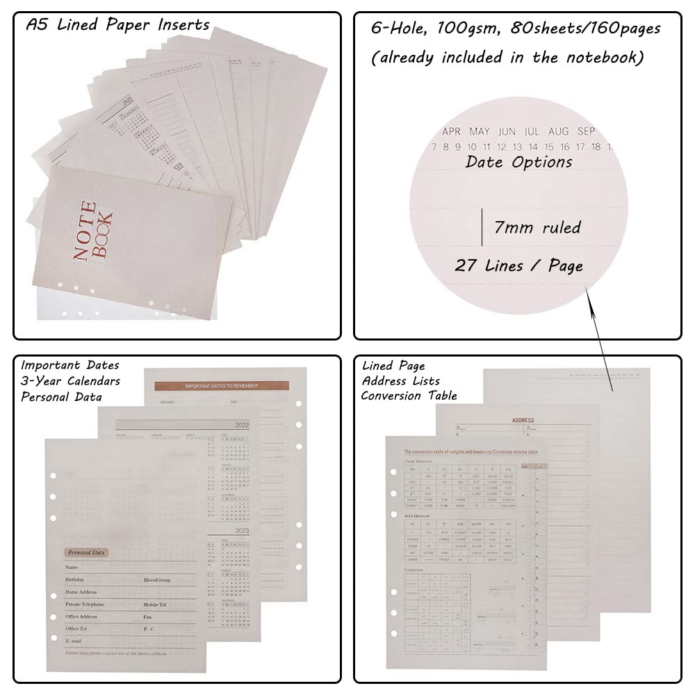 HXRTANGS A5 Loose-Leaf Notebook, Refillable 6-Ring Binder Journal Organizer with 80 Sheets Lined Paper + Planner Stickers + Subject Dividers + Index Tabs + Zip Bag + Stencil + Bookmark Ruler, Brown