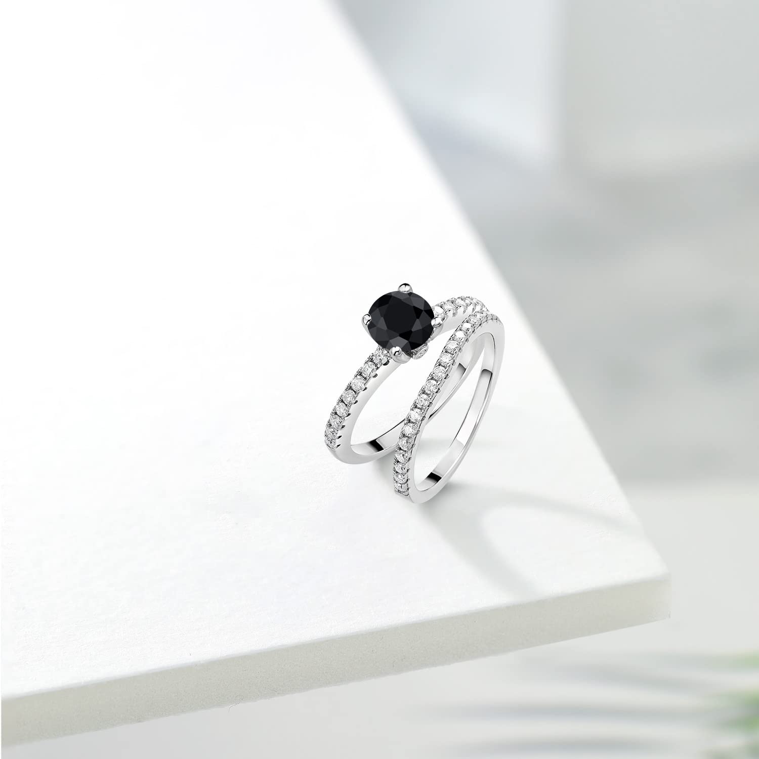 Gem Stone King 925 Sterling Silver Black Sapphire and White Moissanite Wedding Engagement Band Bridal Set Ring For Women (1.64 Cttw, Gemstone September Birthstone, Available In Size 5, 6, 7, 8, 9)
