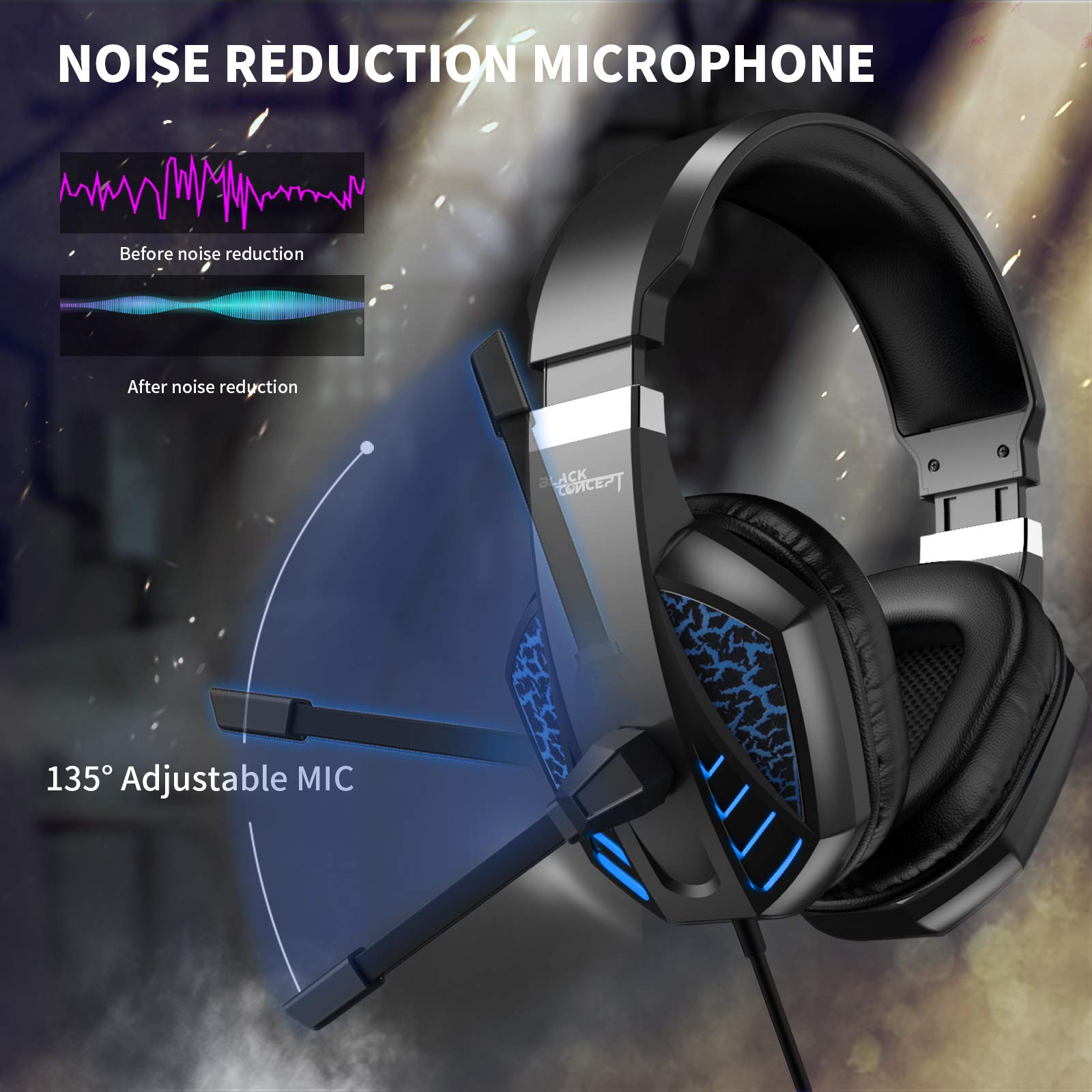Gaming Headset for Xbox one,PC,PS4,PS5,Laptop,Mac,iPad,Switch Games, Video Game Headset with Microphone LED Lights Noise Canceling Bass Surround Soft Memory Earmuffs for Game Competition-Blue