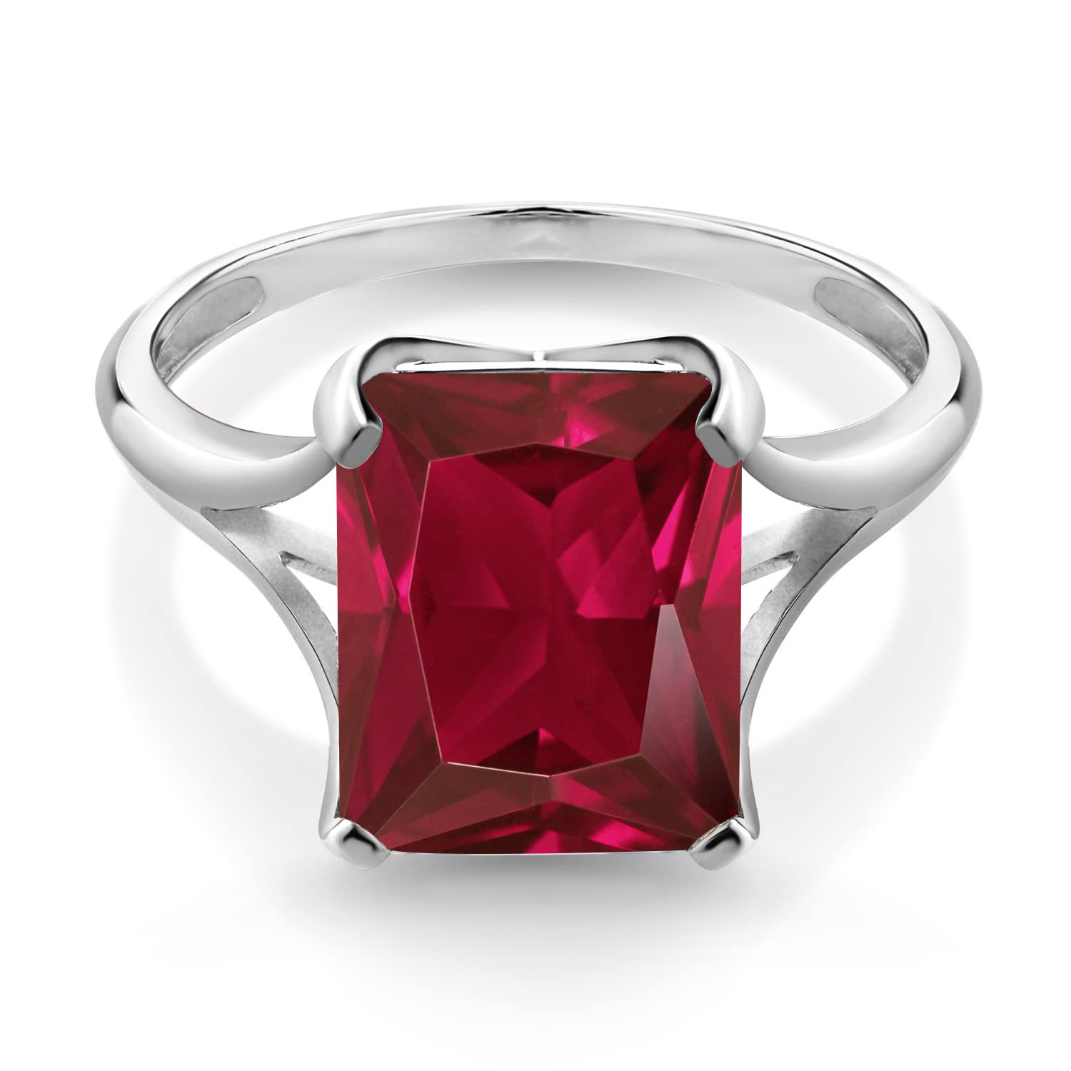 Gem Stone King 14K White Gold Red Created Ruby Solitaire Engagement Ring For Women (3.80 Cttw, Emerald Cut 10X8MM)