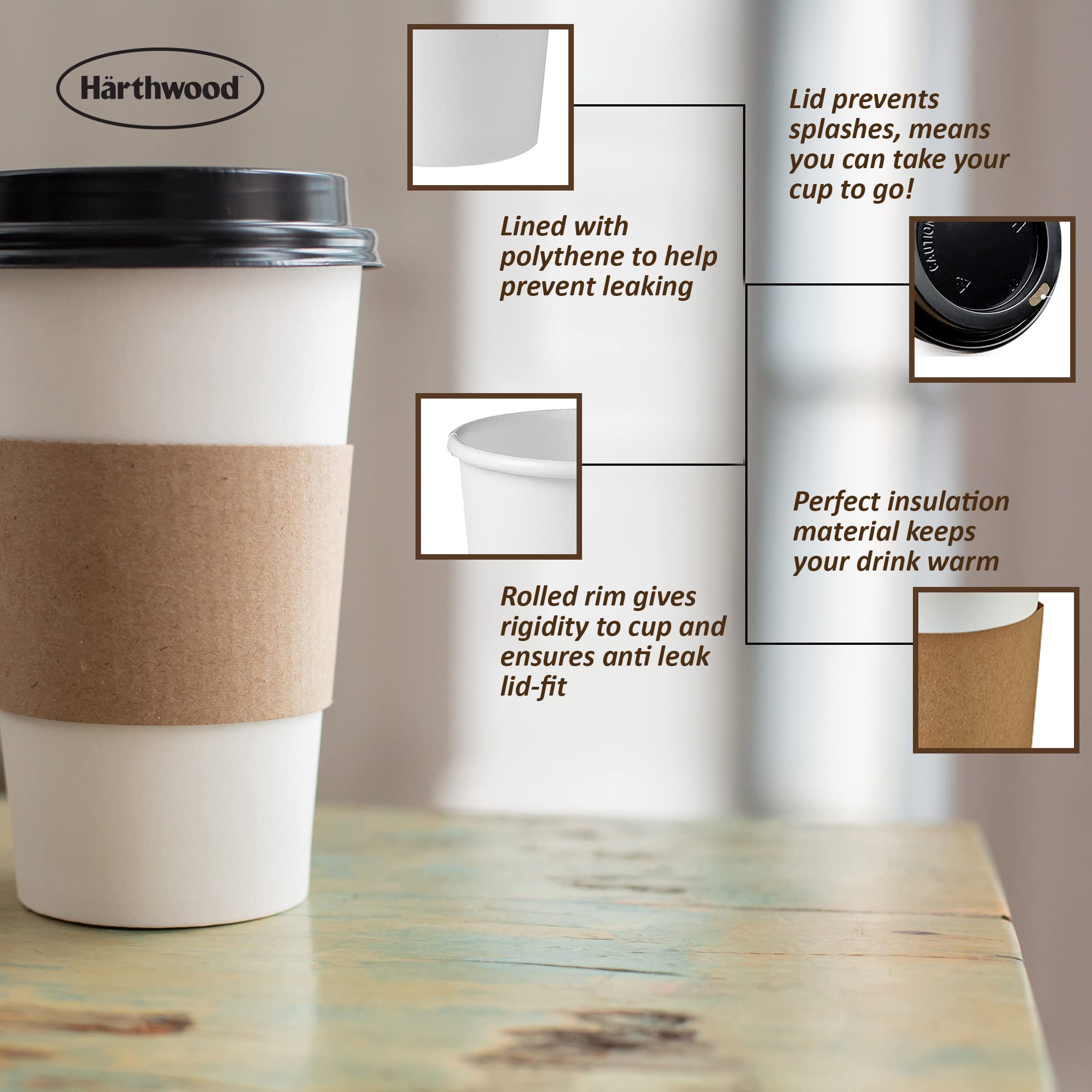 HÄRTHWOOD 16 oz Paper Coffee Cups with Lids - 50 Pack, White and Disposable Coffee Cups with Black Dome Lids and Kraft Sleeves NEW IMPROVED…