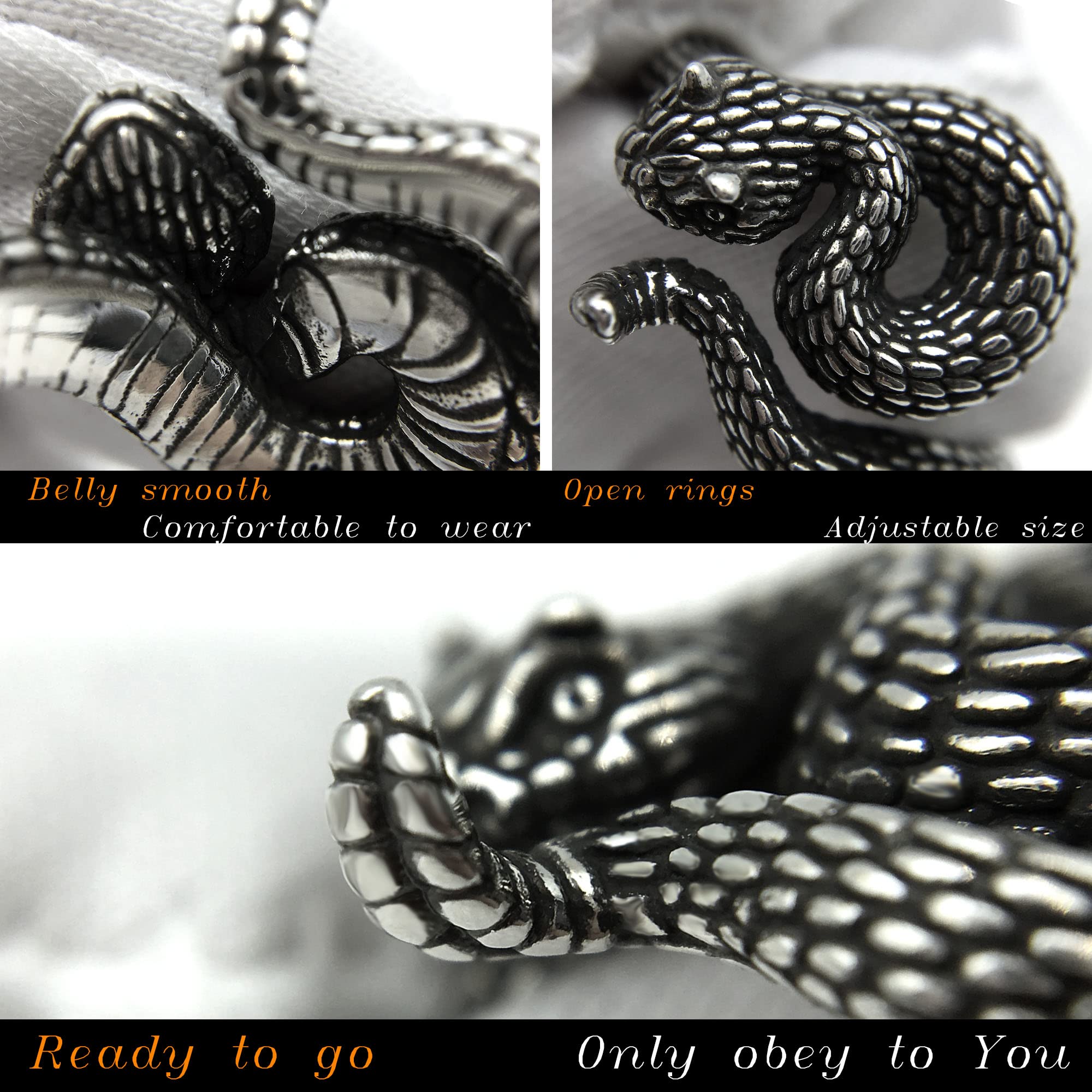 Holgod Snake Ring Adjustable, S925 Sterling Silver Plated Rattlesnake Shaped Jewelry, Handmade Animal Gift for Men Women