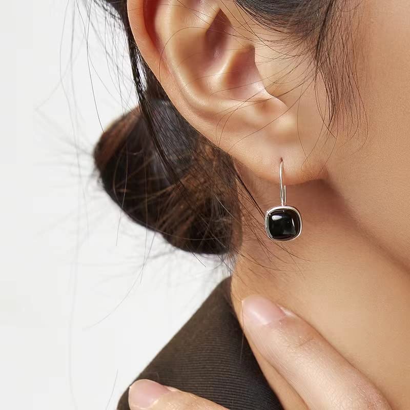 GLPAHA Gold-Plated 925 Sterling silver with black agade simple square dangle earrings for women(1.9g,19mm)