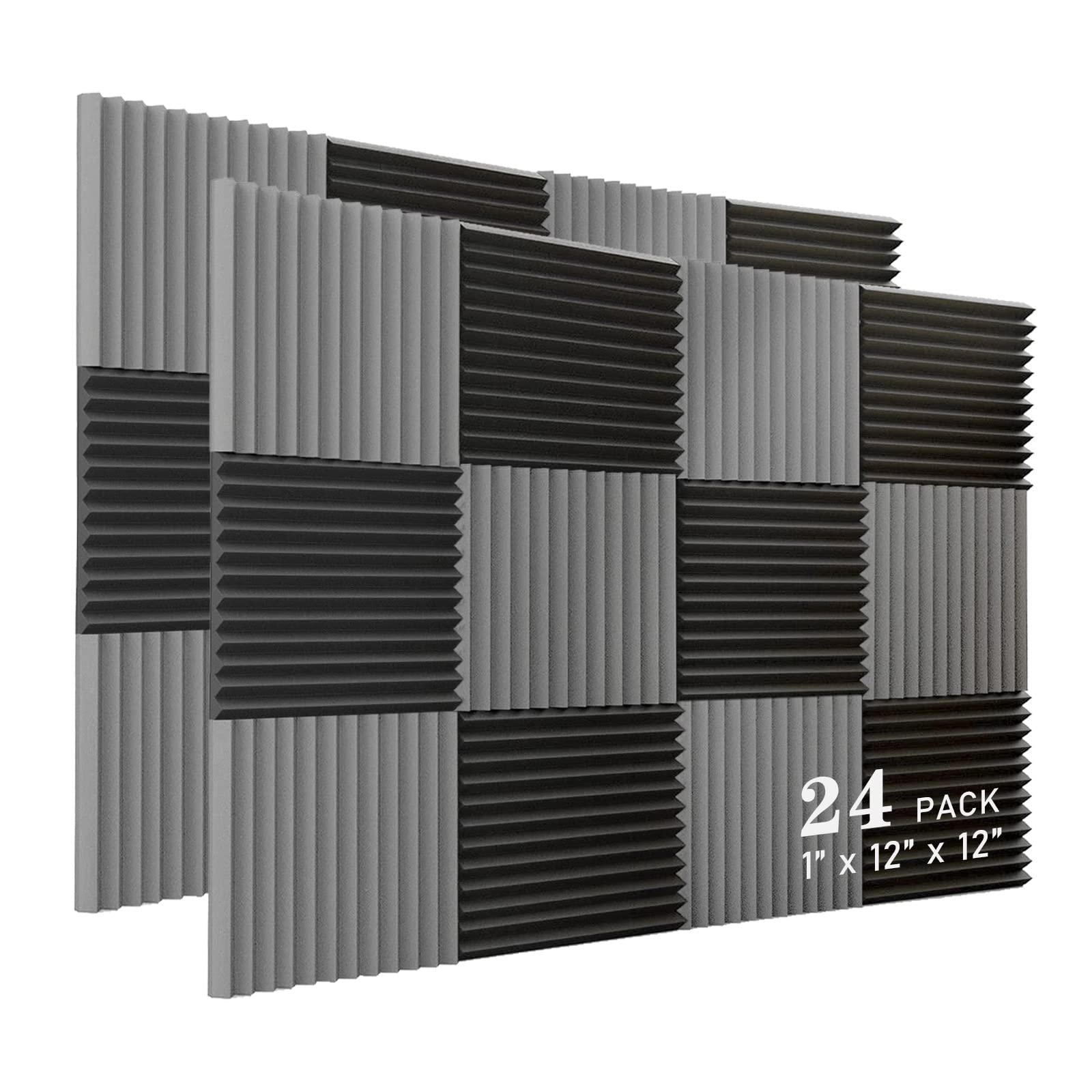 FOUCARSI 24 Pack Acoustic Foam Panels,Studio Soundproofing Foam, 1" X 12" X 12", Studio Foam Wedges,Sound Proof Padding (Black+Grey)