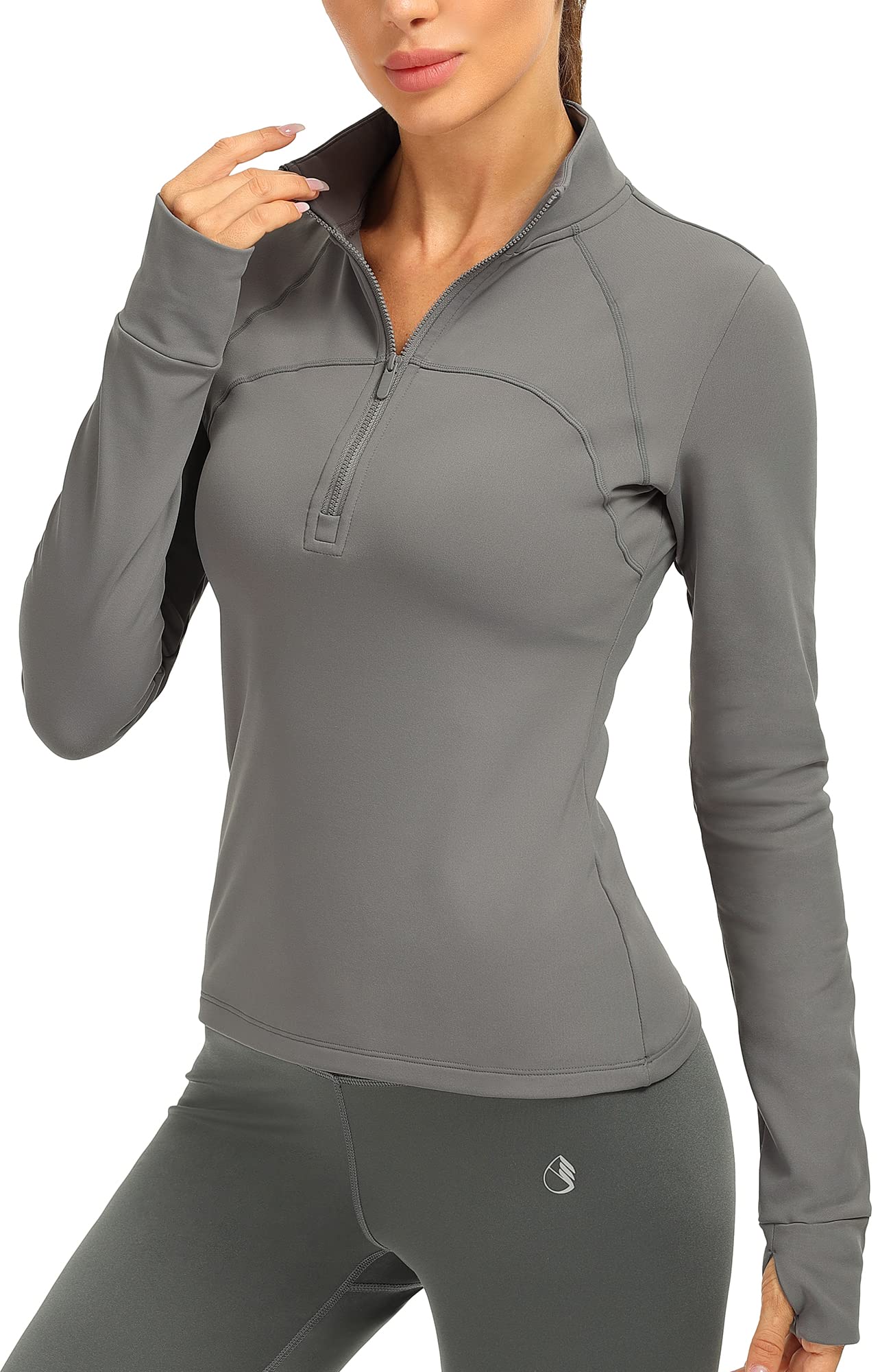 icyzone Fleece Lined Half Zip Pullover for Women with Thumb Holes, Athletic Workout Warm Jackets, Fitted Long Sleeve Yoga Crop Tops (Cacao, L)