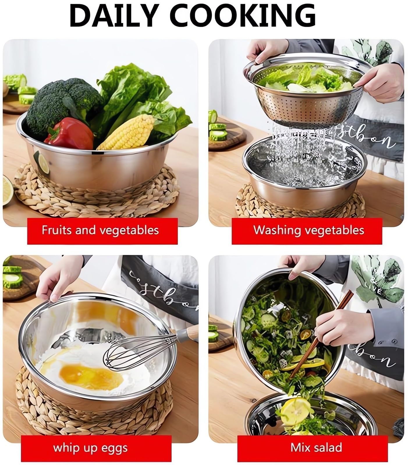 Germany Multifunctional Stainless Steel Basin - 2024 New Colander Strainer Set, Salad Spinner Fruit Vegetable Rice Washing Strainer Basket Bowl, Rice Rinser Food Graters with Container (DI-9.45in)