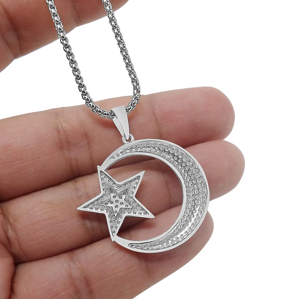 JewelBooth Real Genuine Sterling Silver Allah Muslim Islamic Crescent Moon and Star Charm Simulated Diamond Pendant Chain Neckless Set Small 1.35'' (White Gold/White CZ)