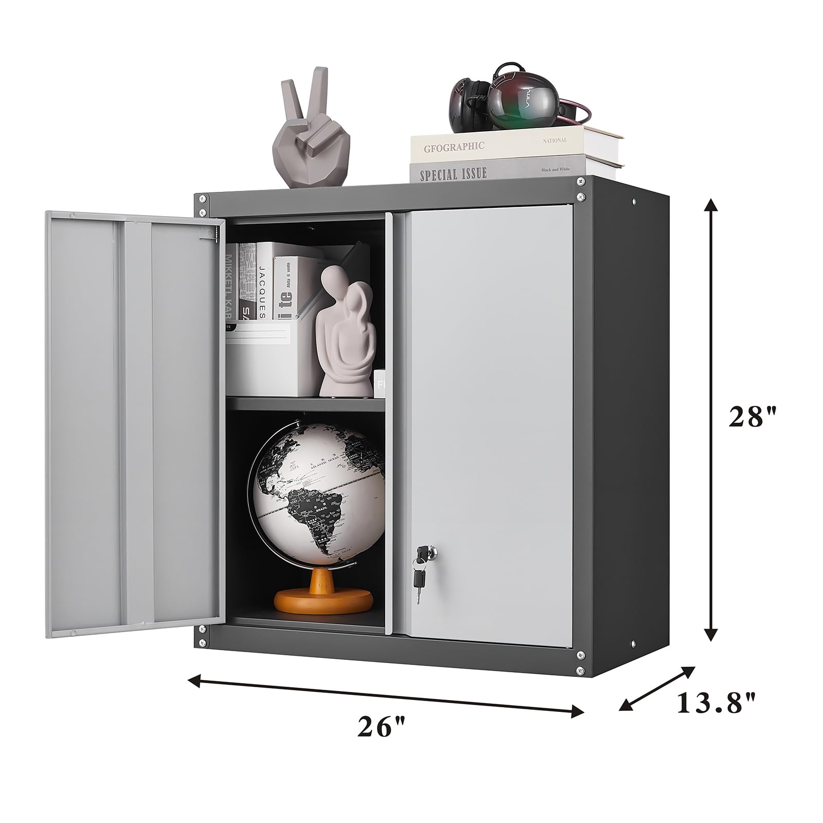 GREATMEET Metal Wall Cabinet, Wall Mounted Cabinet with Doors and Adjustable Shelf, Metal Storage Cabinet with Lock, Wall Cabinet for Garage, Pantry, Utility Room, White