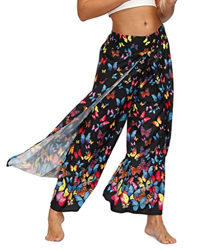 GLUDEAR Womens Palazzo Slit Wide Leg Pants Summer Casual Beach Boho Hippie Bohemian Pilate,Colorful Butterfly,L/XL