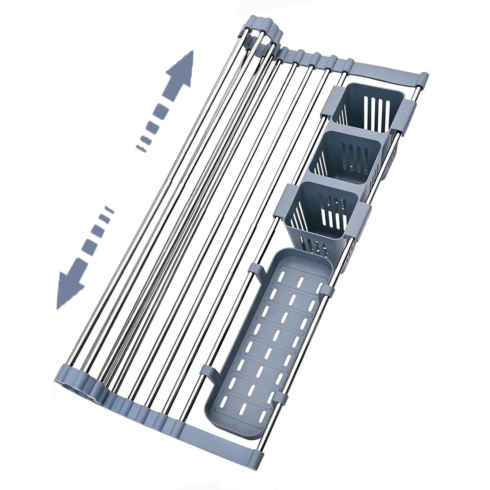 HFEDYZ Roll Up Dish Drying Rack Over The Sink，Collapsible Small Dish Drying Rack，Kitchen Sink Accessories, Expandable Dish Drying Rack with 2 Storage Baskets (Grey)