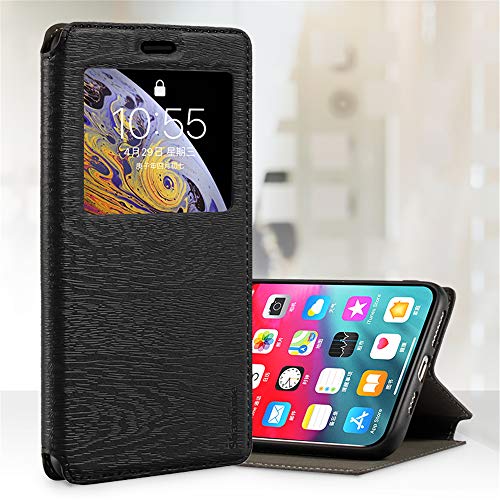 Shantime for Oppo Reno 10 Pro Plus 5G Case, Wood Grain Leather Case with Card Holder and Window, Magnetic Flip Cover for Oppo Reno 10 Pro+ (6.74”) Black