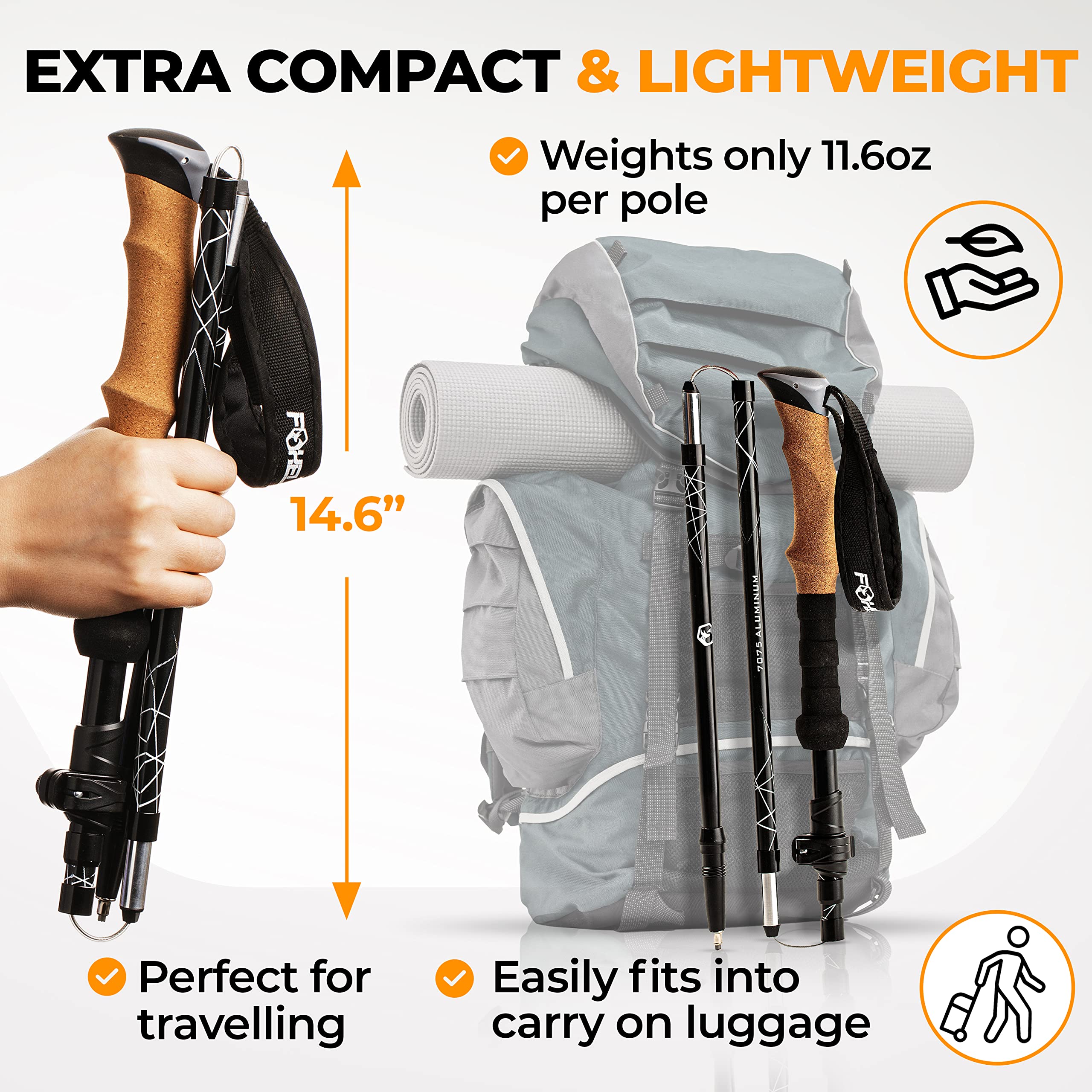 Foxelli Folding Trekking Poles β 2-pc Ultra Compact Hiking Poles for Men & Women, Lightweight Strong Aluminum 7075 Collapsible Foldable Walking Sticks with Flip Locks, 4 Season All Terrain Accessories