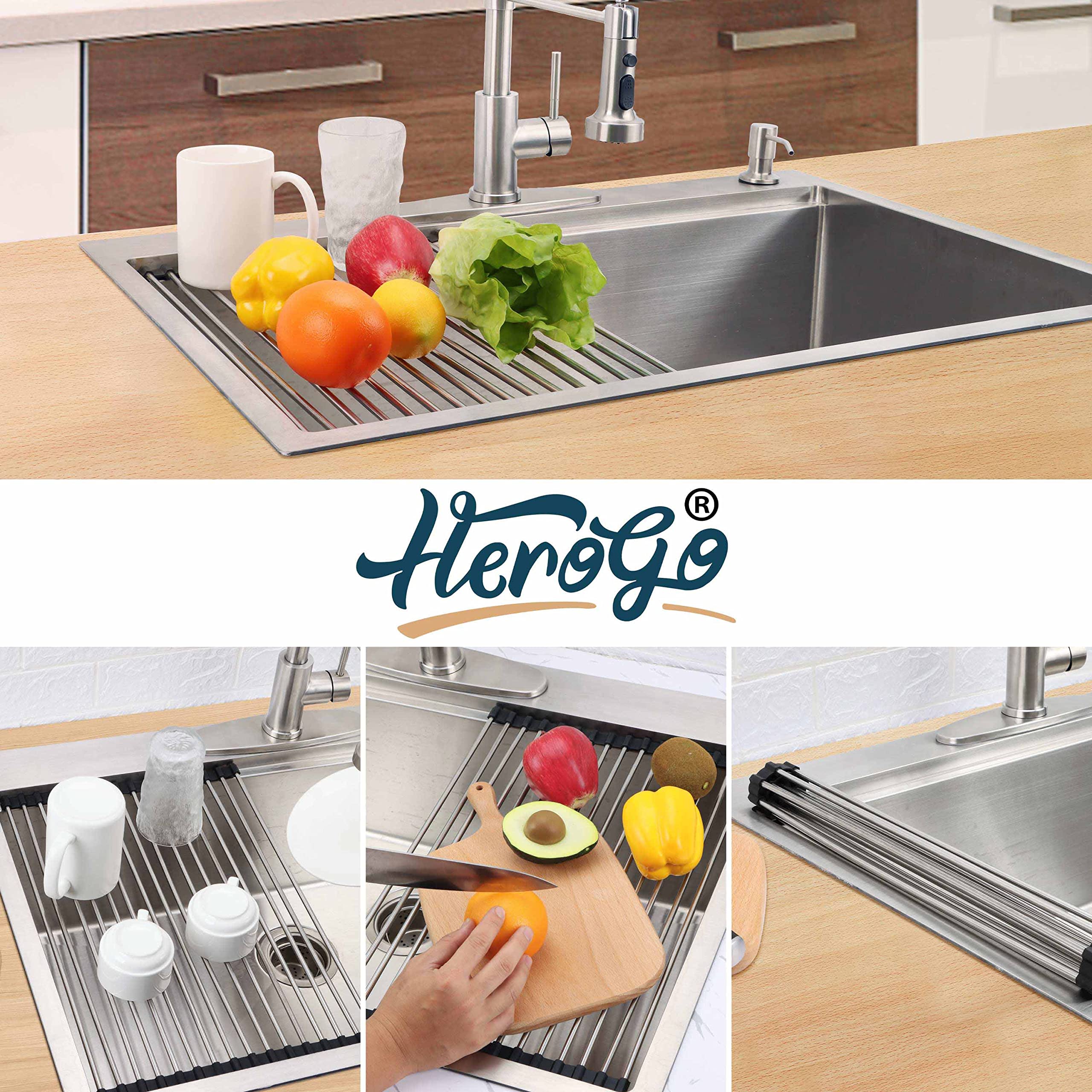 Herogo Roll Up Dish Drying Rack, Versatile Over The Sink Dish Drying Rack for Kitchen Sink, Stainless Steel Kitchen Sink Drying Rack for Kitchen Counter, 17.8” x 12”, Heat-Proof & Slide-Proof