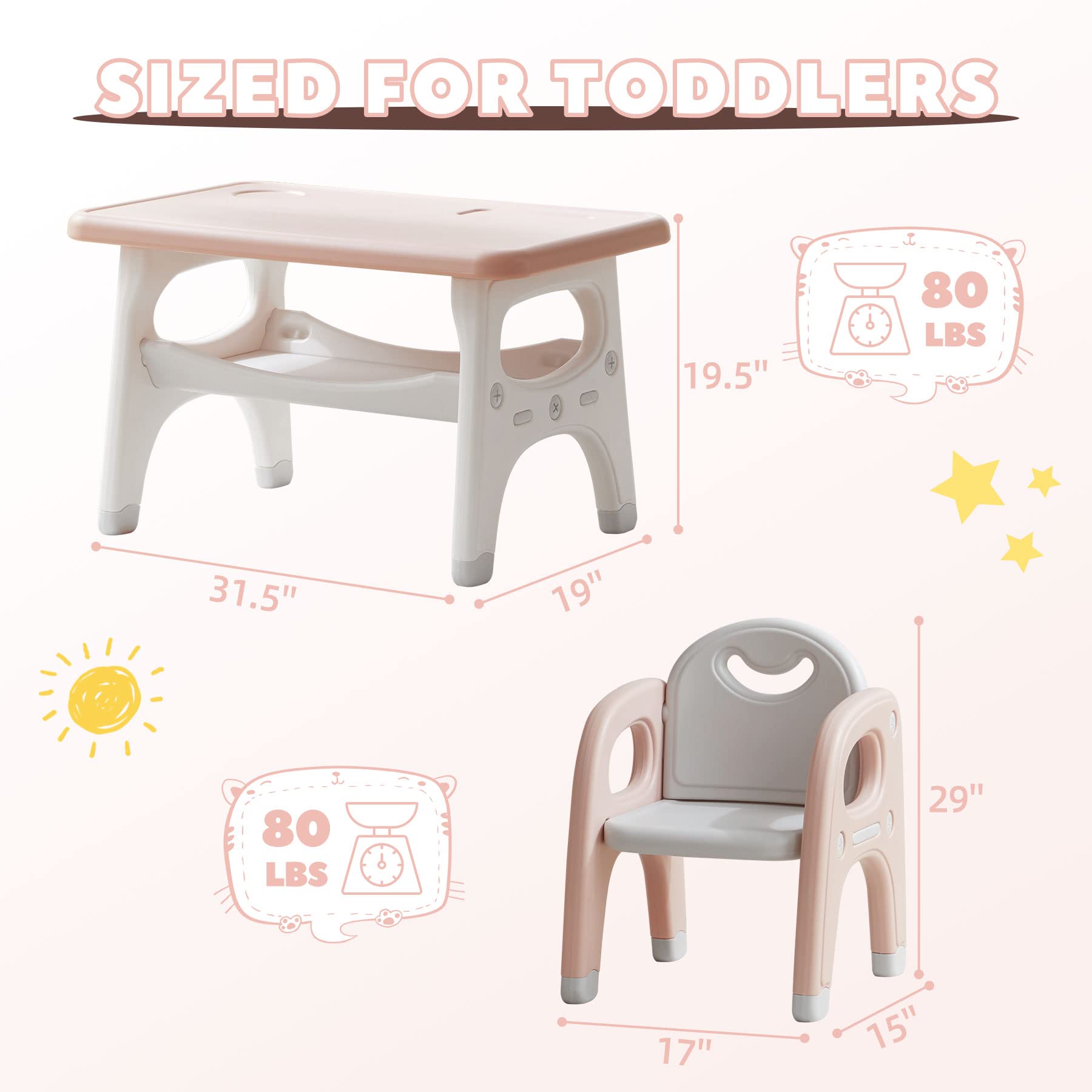 GITAWUSA Kids Table and 2 Chairs Set, Large Built-in Storage, Montessori Toddlers Table and Chairs Set, Kids Activity Table for Drawing Dining Playing, CPSC & ASTM Approved, Pink