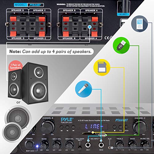 Pyle 500W Karaoke Wireless Bluetooth Amplifier - 4 Channel Stereo Audio Home Theater Speaker Sound Power Receiver w/AUX in, FM, RCA Subwoofer Speakers Out, USB, Microphone in w/Echo - Pyle PTA44BT.5